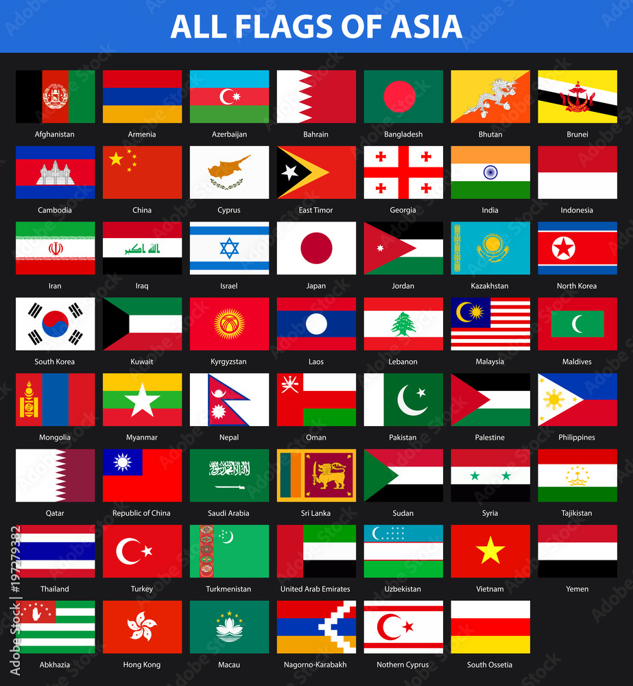 All flags of the countries of the Asia. Flat style Stock Vector | Adobe ...