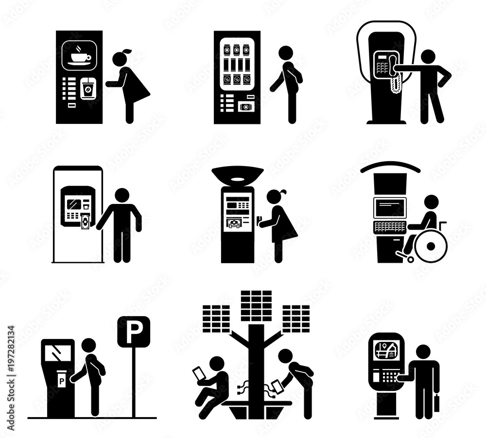 Set of various self - service machine for public use. Collection of ...