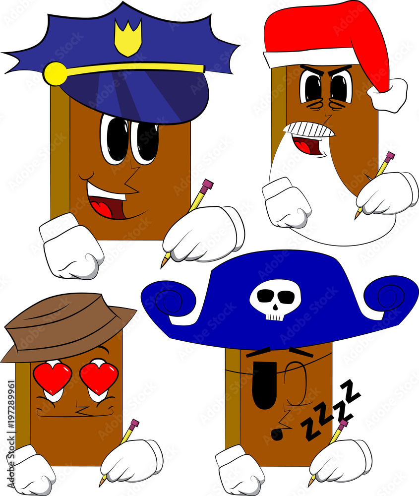 Books writing with pencil. Cartoon book collection with costume faces ...