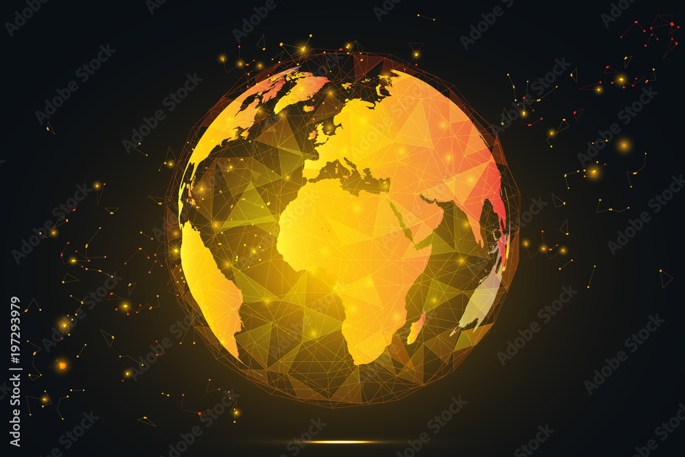 Yellow Gold Global network connection. Gold World map hexagonal ...