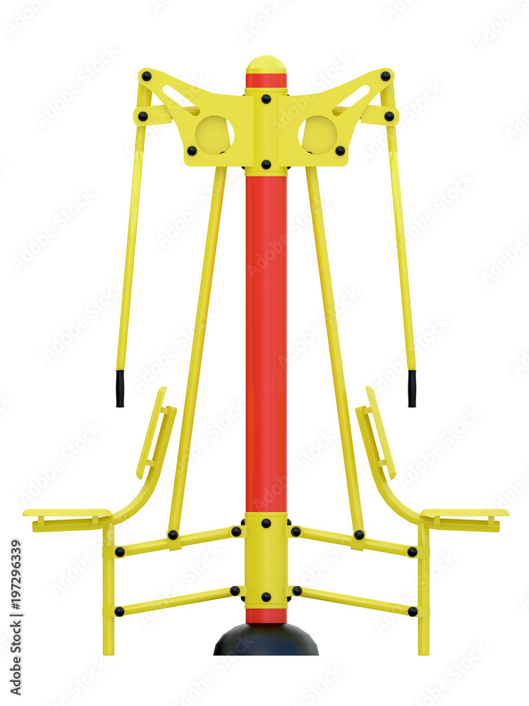 yellow and red machine trainer for a park in public isolated on a white ...