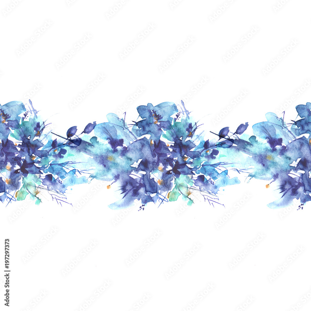 seamless, watercolor linear border, blue background with vintage ...