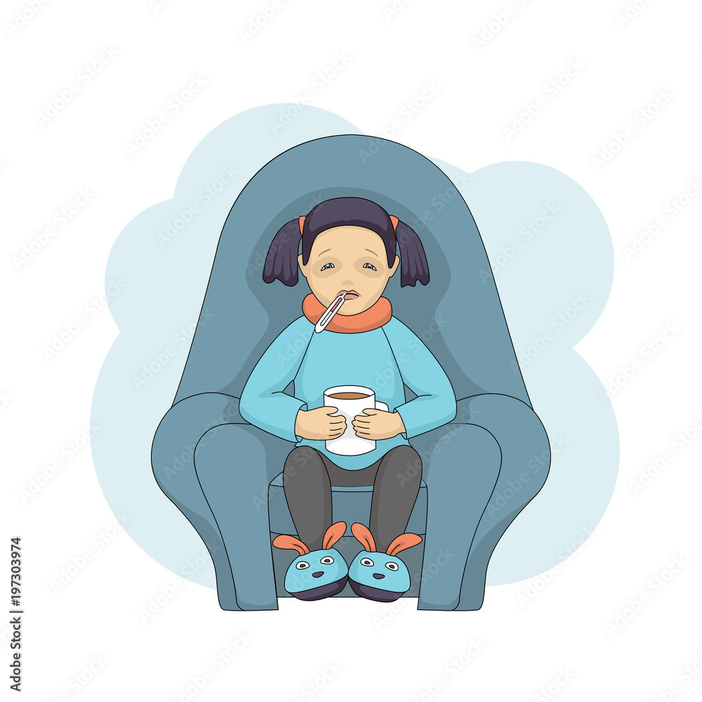 Little female character cartoon cold isolated on white background ...