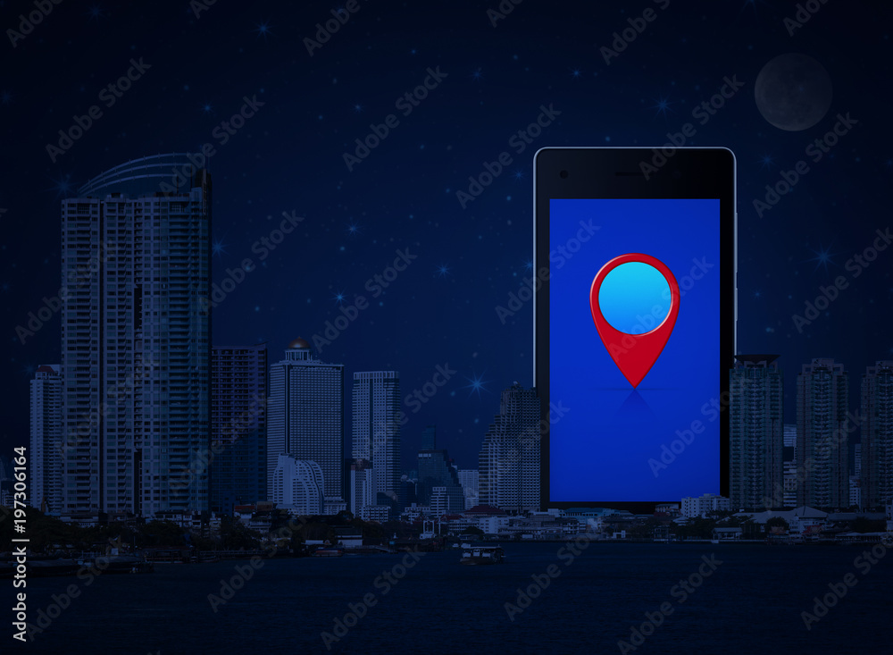 Map pin location button on modern smart phone screen over office city ...
