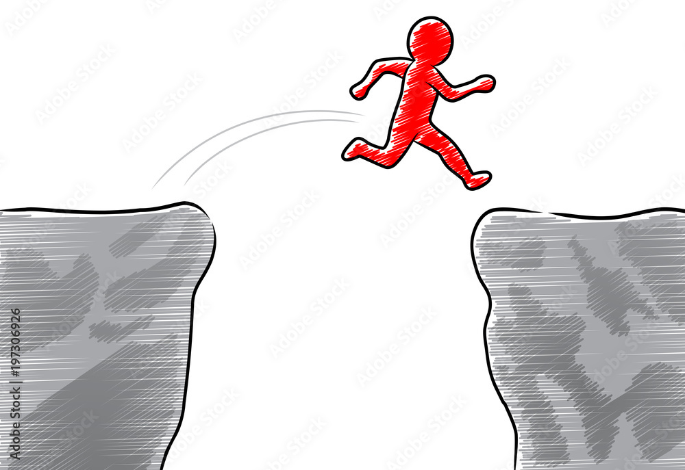 Rotes Männchen springt über tiefe Schlucht / Schraffierte Vektor ...