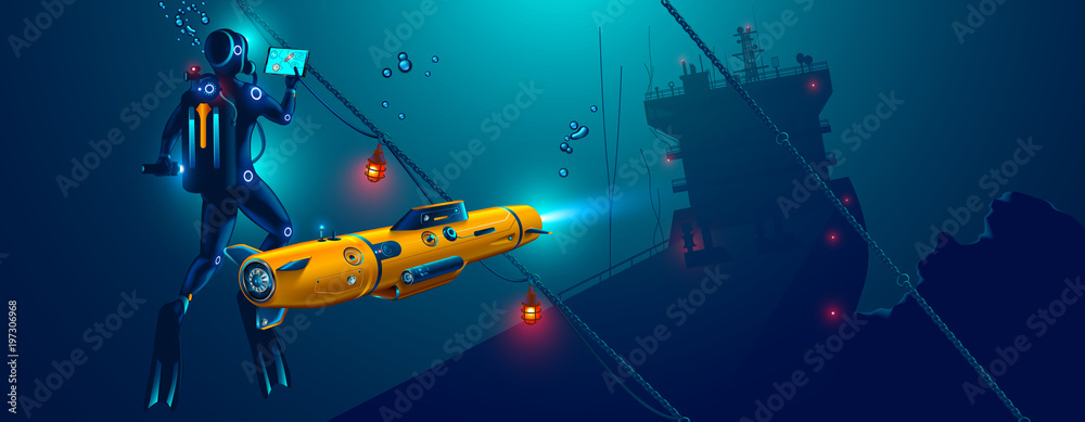 Underwater autonomous robot exploration sea floor. Underwater drone ...