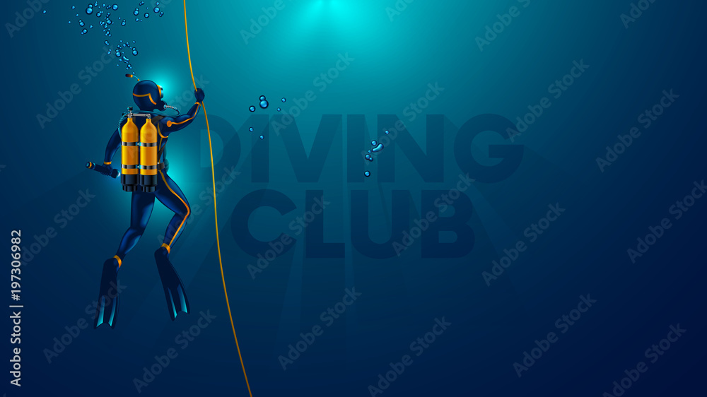 One scuba diver underwater. Back view. Diver look on big logo diving ...