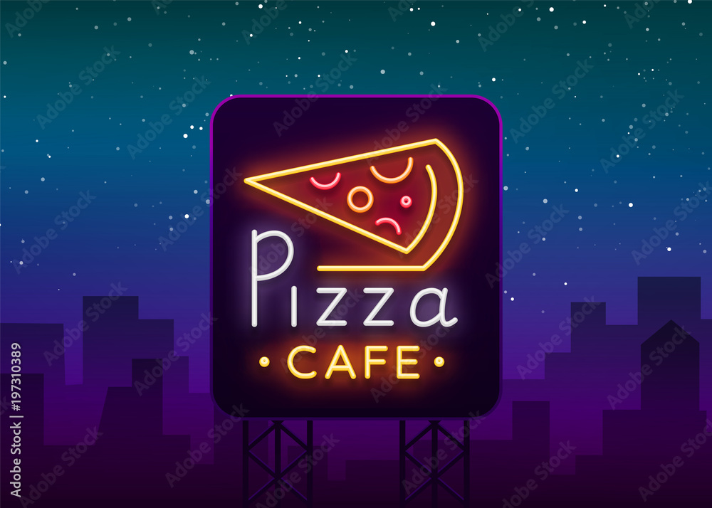 Pizza logo in neon style. Neon sign, emblem on Italian food. Pizza cafe ...
