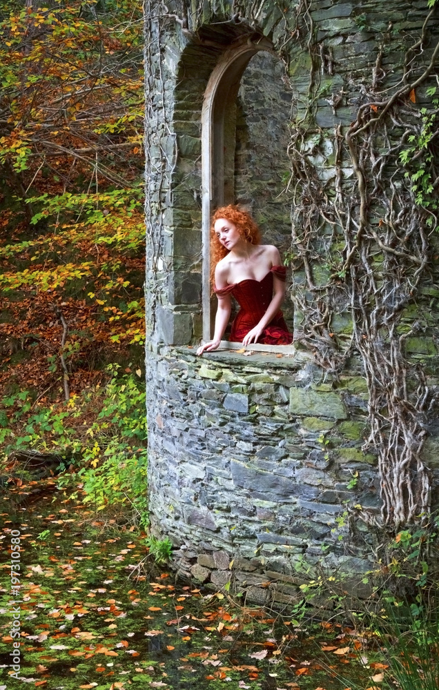 beautiful red hair lady looking out of a old castle window Stock-Foto ...