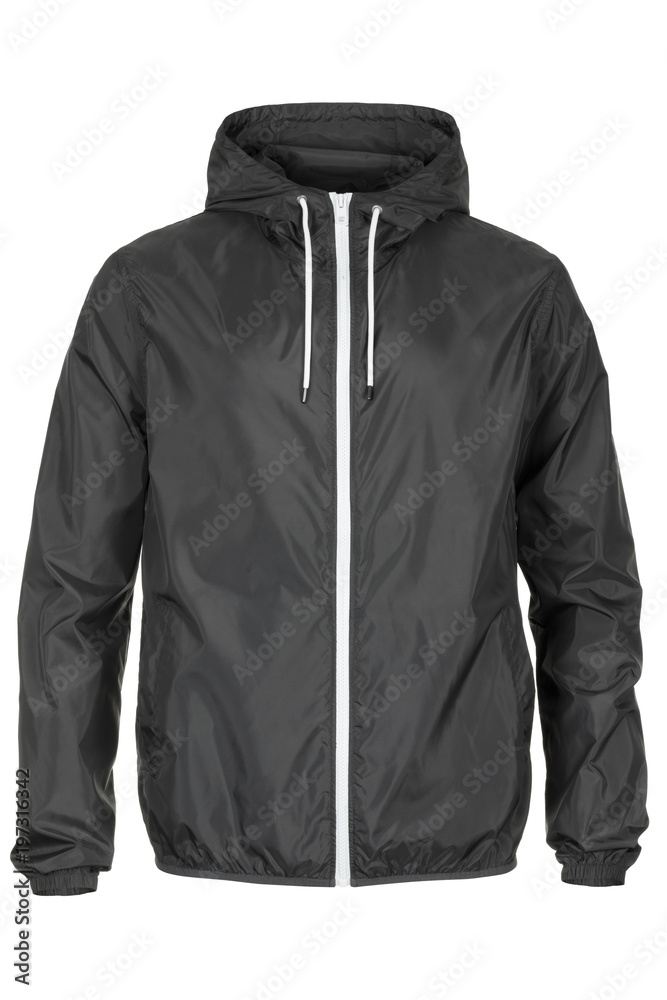 Warm grey windbreaker jacket with hood Stock Photo | Adobe Stock