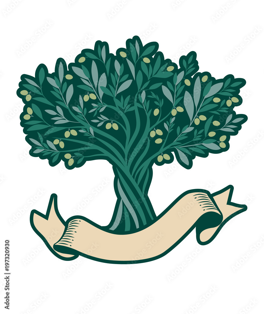 Olive tree and blank text banner. Extra virgin olive oil symbol. Symbol ...