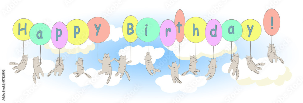 Funny flying cats with balloons on clouds background. Happy birthday ...