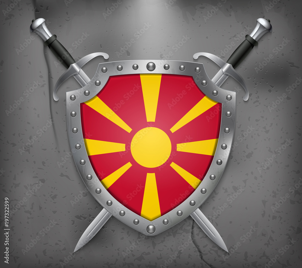 Flag of Macedonia. The Shield with National Flag. Two Crossed Swords ...