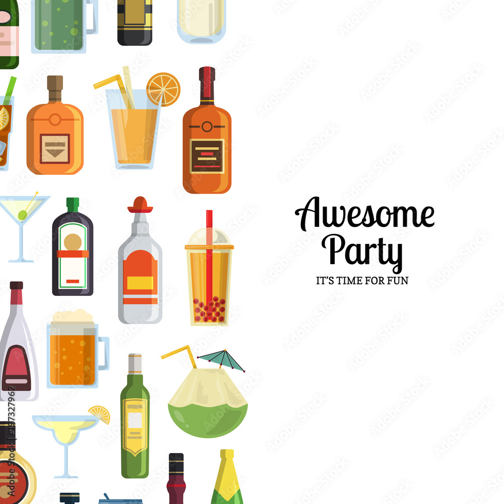 Vector background with alcoholic drinks in glasses and bottles Stock ...