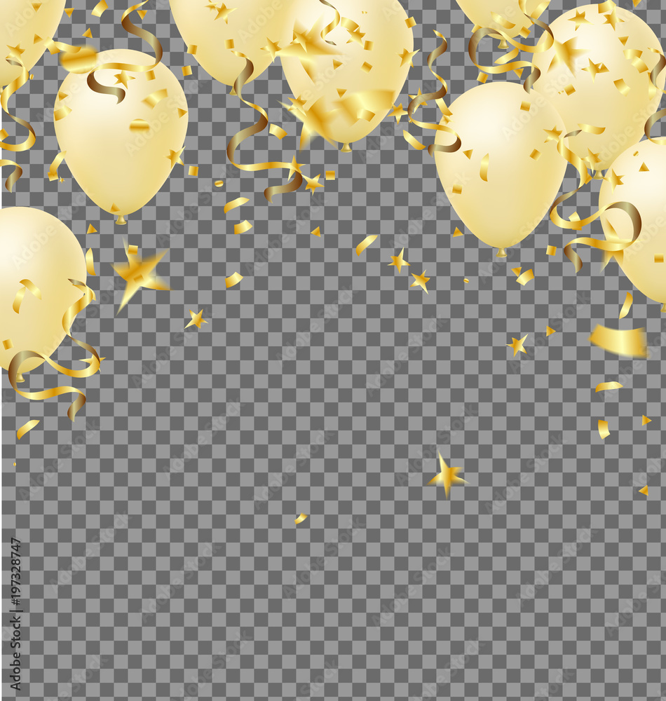 Balloons yellow, gold confetti and streamers on transparent background ...