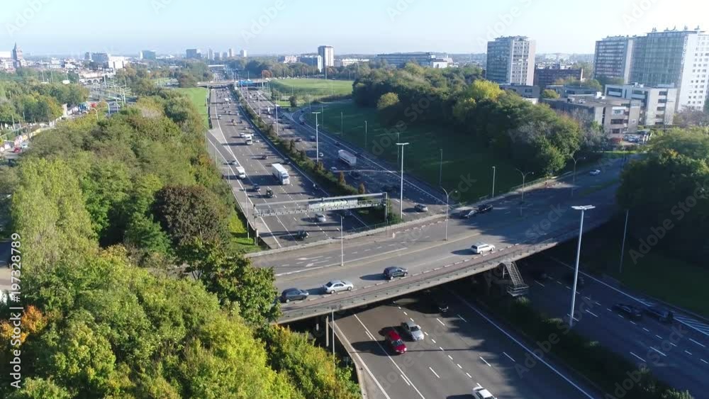 Aerial of modern highway and an overpass also known as flyover is ...