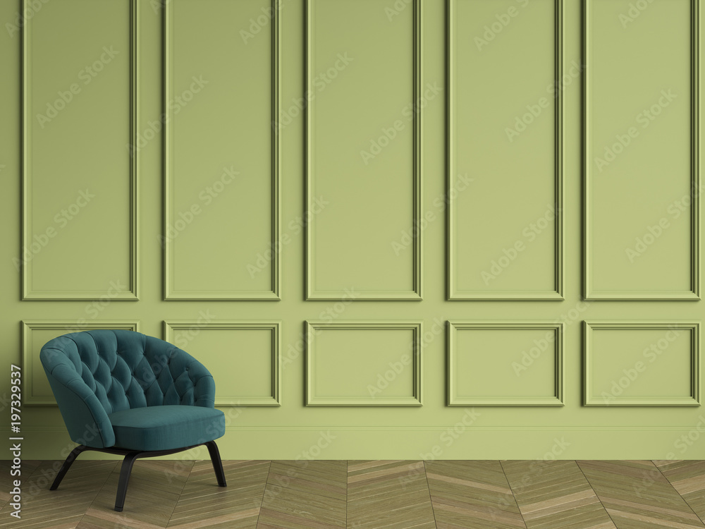 Tufted green armchair in classic interior with copy space.Green walls ...