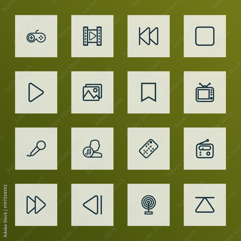 Multimedia icons line style set with artist, stop, joystick and other ...