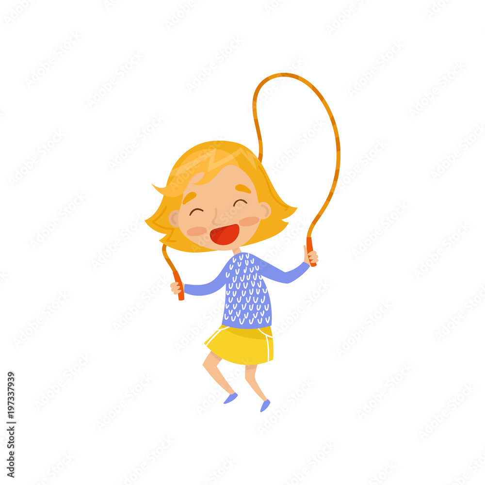 Smiling little girl jumping with skipping rope, cute cartoon character ...