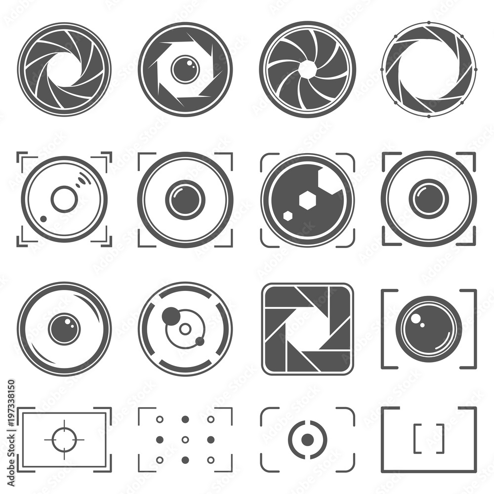 Vetor de Camera shutter, lenses and photo camera elements set. Aperture and photography ...