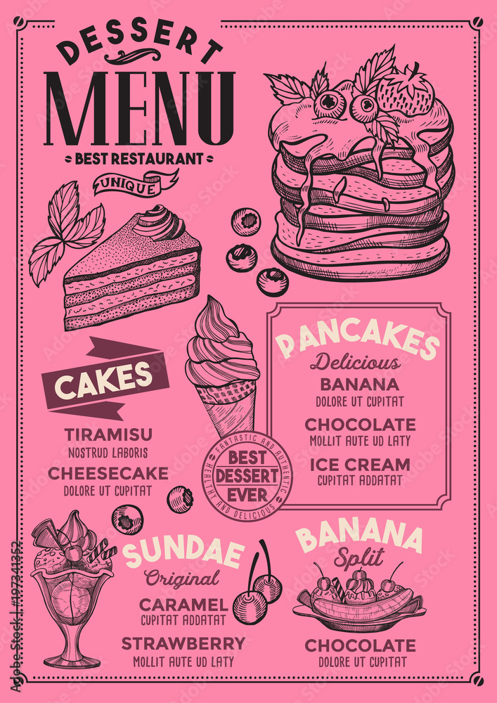 Dessert restaurant menu. Vector food flyer for bar and cafe. Design ...