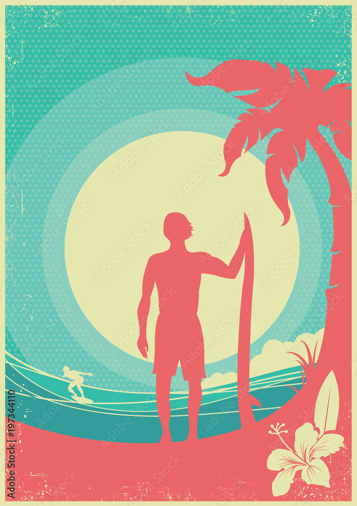 Surfer and sea waves tropical island.Vector poster background Stock ...
