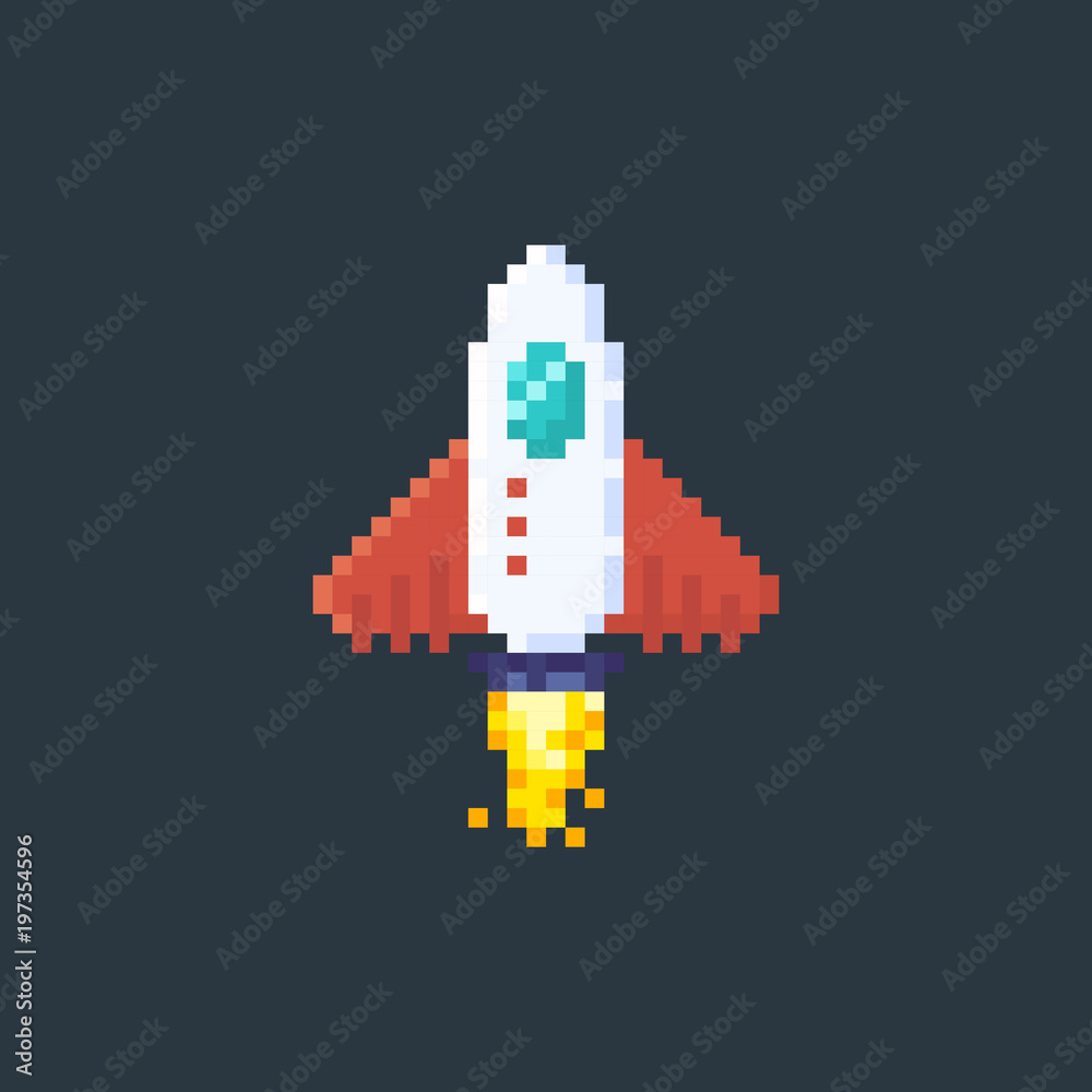 Pixel art style vector illustration. Retro rocket launch. Takeoff and ...