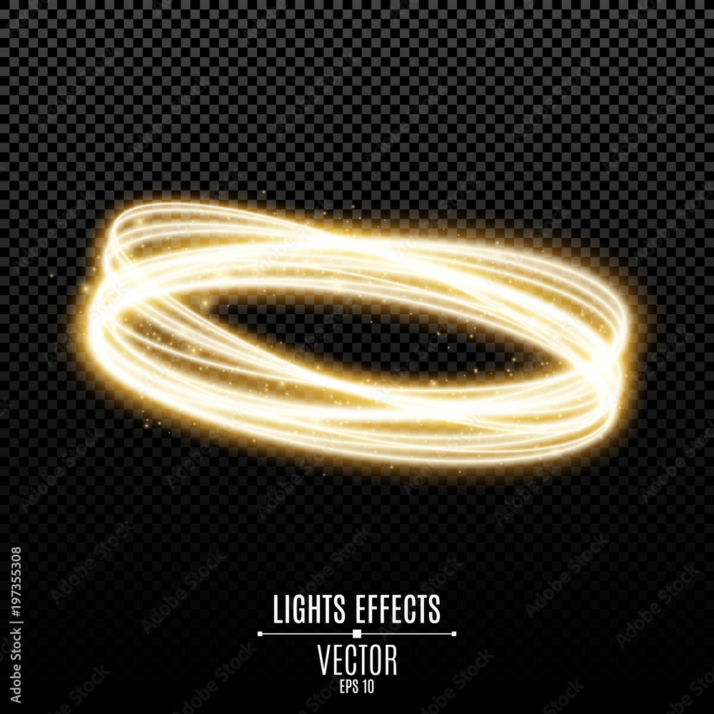 Abstract glowing ring of gold neon lines on a transparent background ...