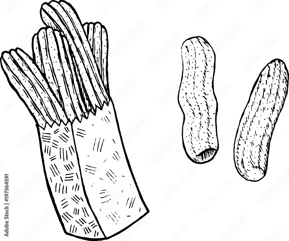 Doodle coloring page for adults with churros. Ink art with spanish food ...