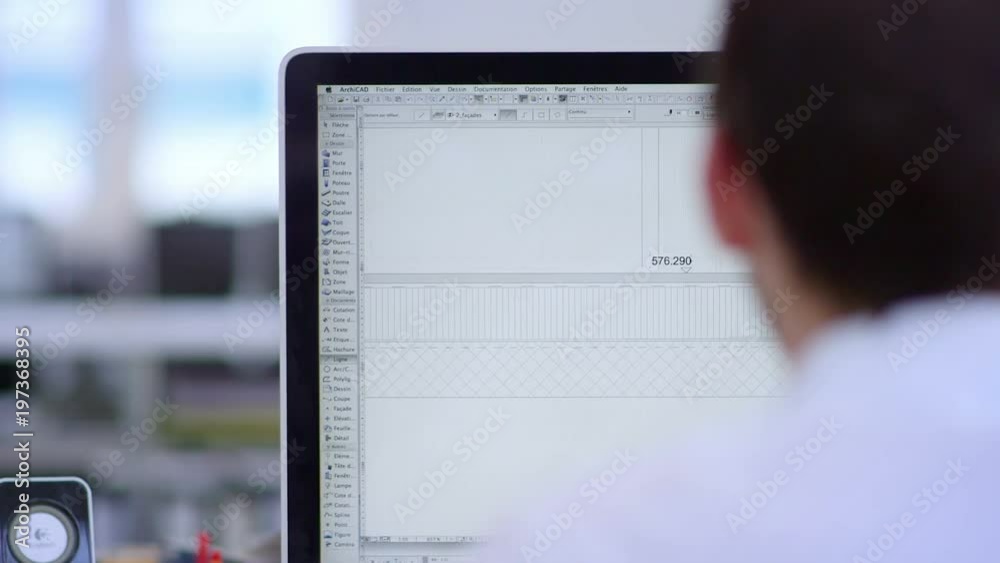Architect office - plans on a computer screen. Man designing a building ...
