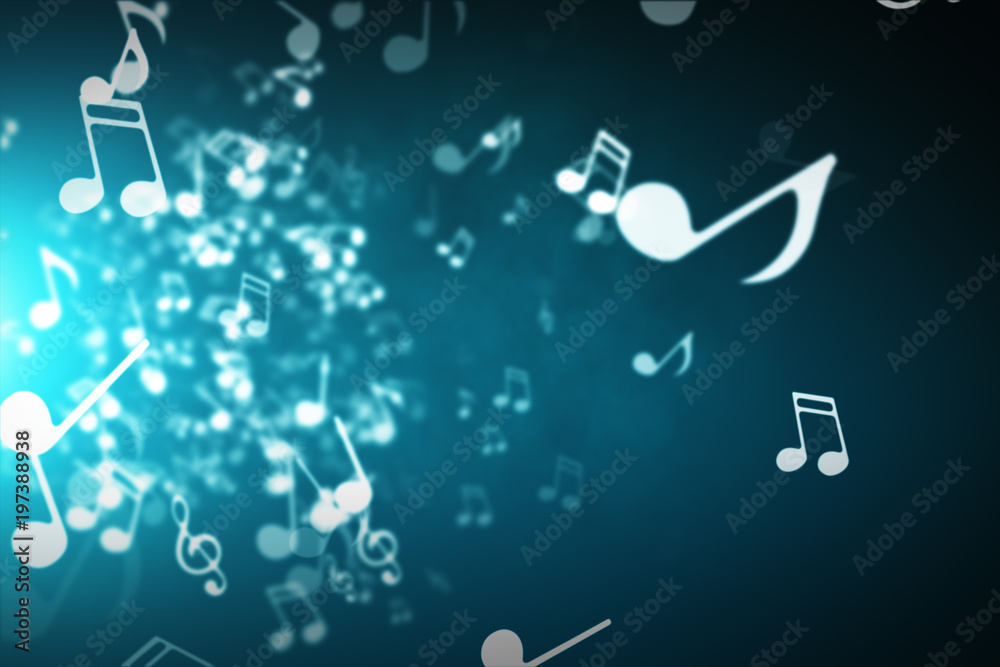 Floating musical notes on an abstract blue background with flares 3d ...