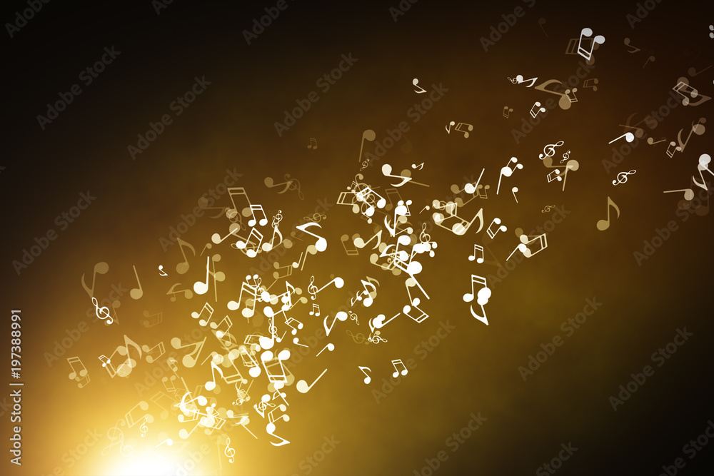 Floating musical notes on an abstract gold background with flares 3d ...