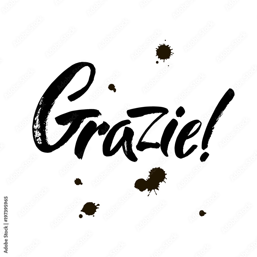 Grazie - thank you in Italian. Calligraphy inscription, black word on ...