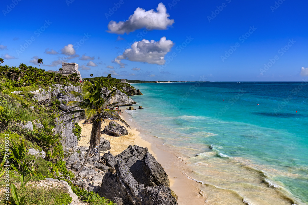 Mexico. The Mayan city of Tulum. There is the Castle (on left) and ...