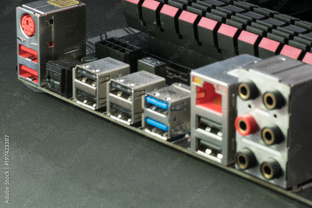 Ports of new, modern computer motherboard, on black background. Stock ...