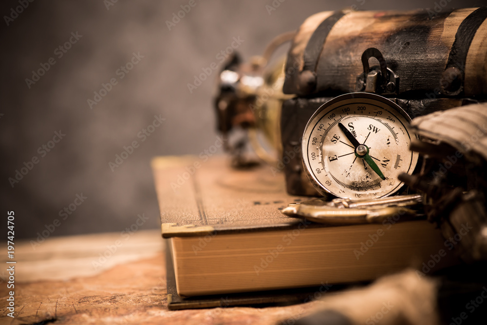 Columbus day. Compass and equipment. vintage worldmap and discovery ...