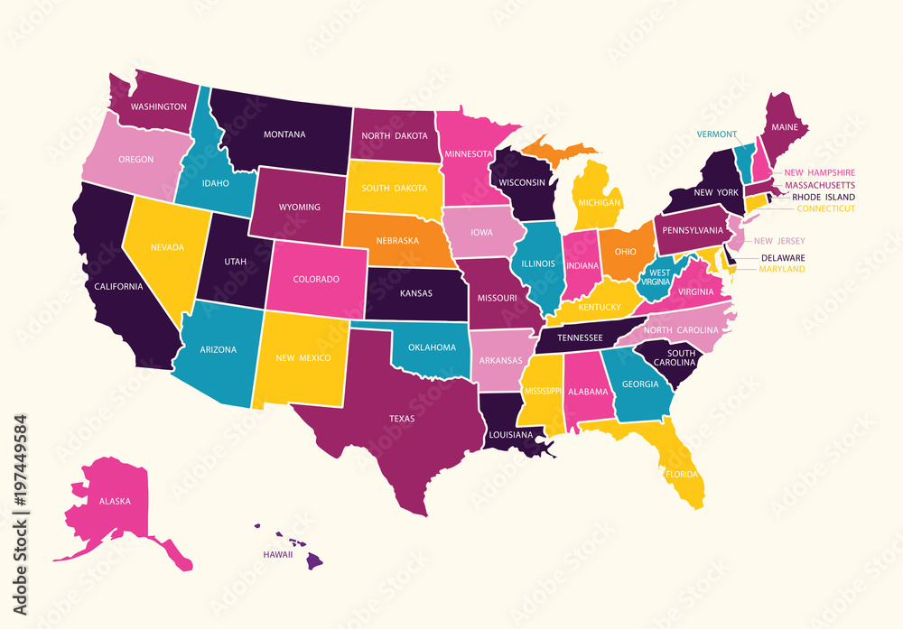 Vintage colorful United State of America map with states names. Vector ...