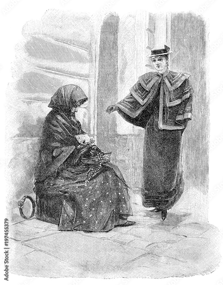 Ein blinde Bettlerin bittet eine Frau um eine Gabe Stock Illustration ...