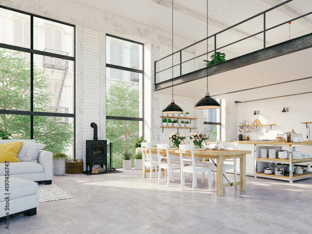 modern loft apartment. 3d rendering Stock Illustration | Adobe Stock
