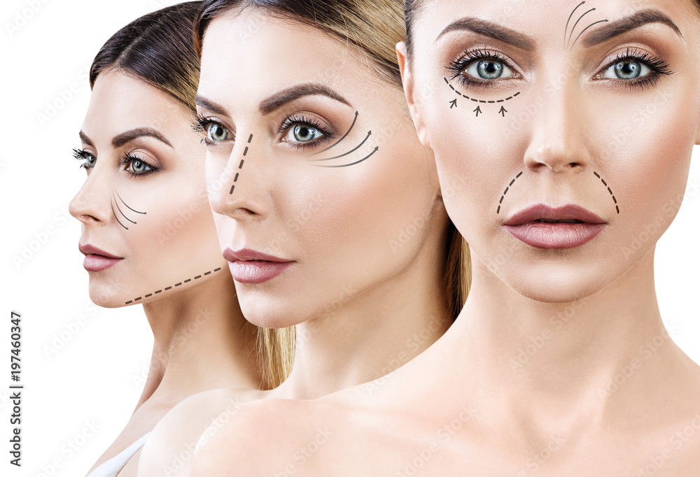 Collage of female face with dotted lines on her face. Stock Photo ...