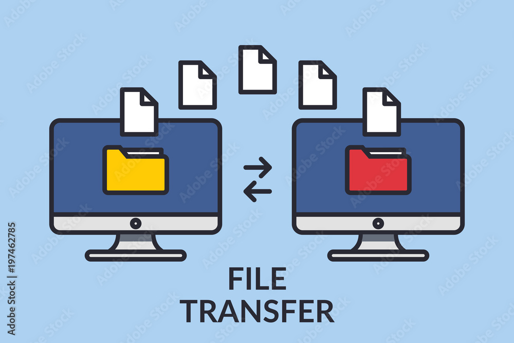 Vetor de File transfer. Two computers with folders on the screen and ...