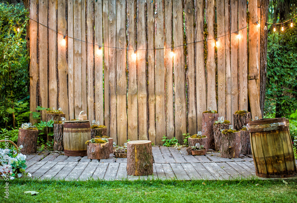 Beautiful wooden stage for performances, in the park in summer Stock ...