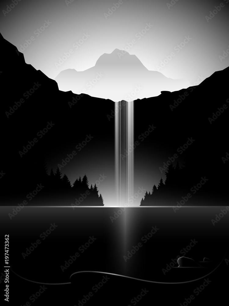 dark minimal vector landscape with waterfall, lake and mountain peak ...