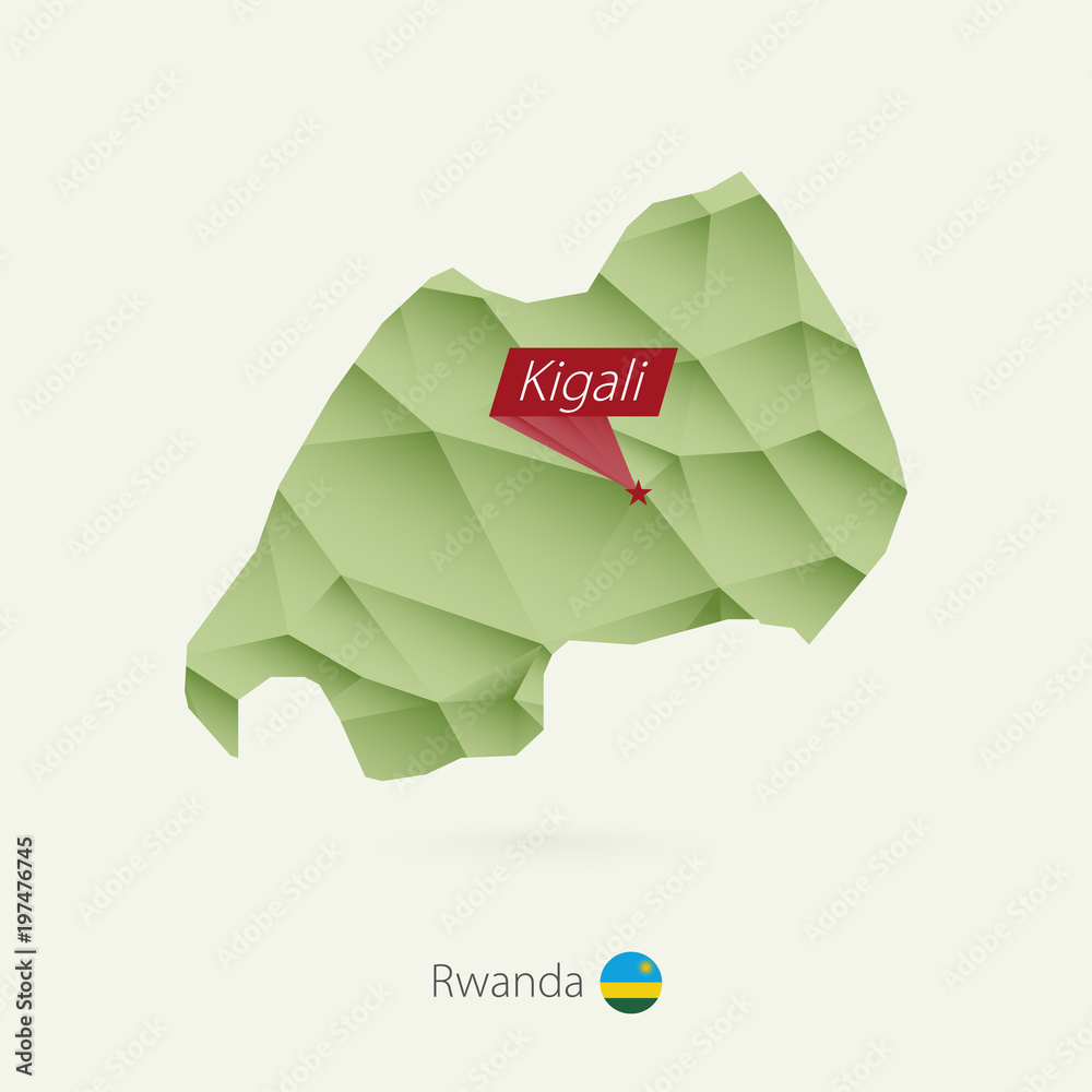 Green gradient low poly map of Rwanda with capital Kigali Stock Vector ...