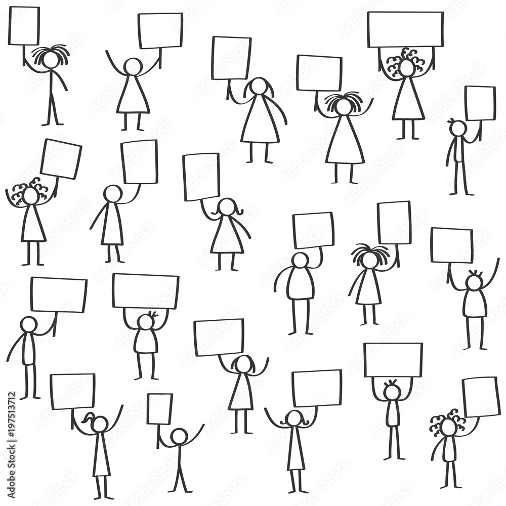 Vector illustration set of protesting black stick figures, holding up ...