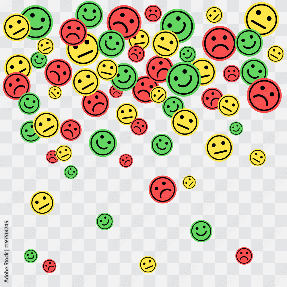 Falling colorful smileys on transparent background. Vector illustration ...