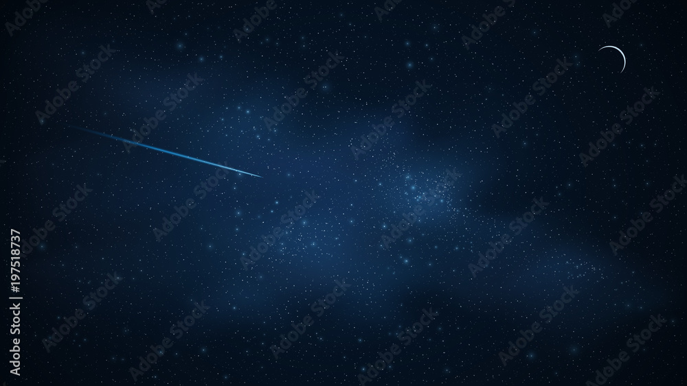 Realistic starry sky with a luminous blue milky way. Shooting star ...