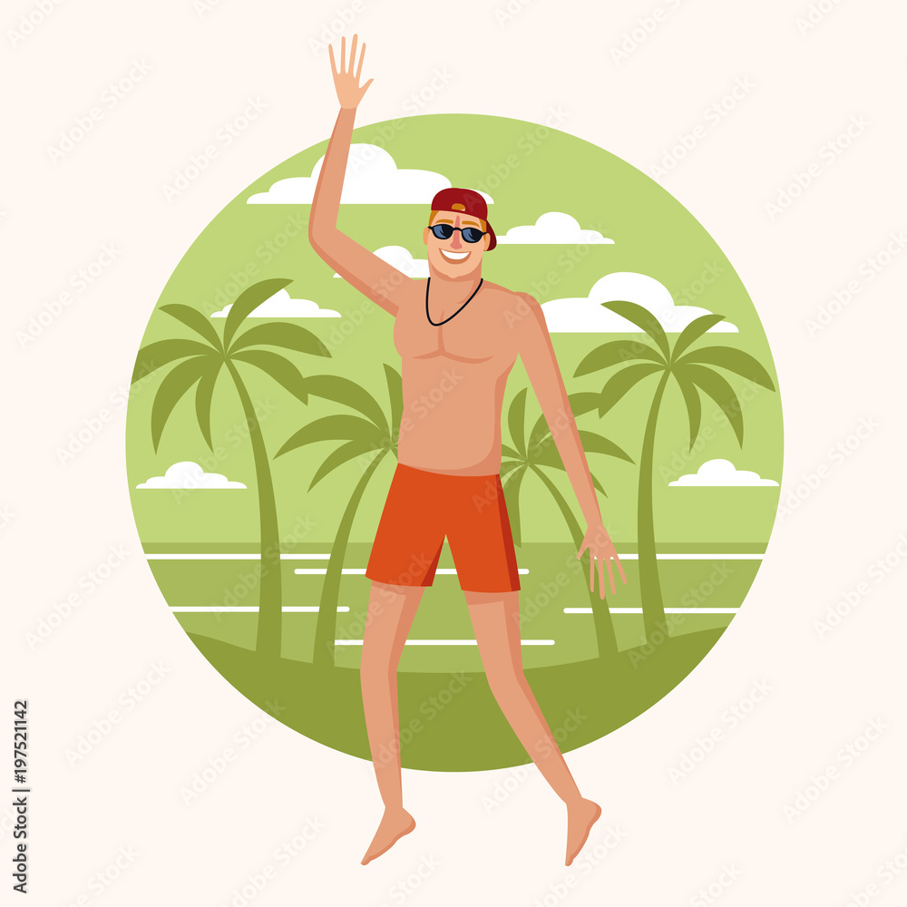 Happy man at beach on round icon vector illustration graphic design ...