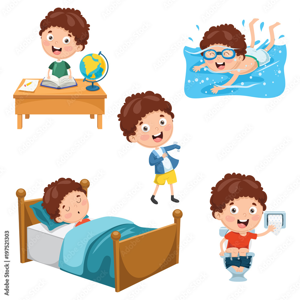 Vector Illustration Of Kids Daily Routine Activities Stock Vector ...