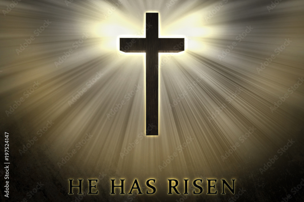 Jesus Christ cross elevated, raised up, shrouded by light and glow and ...